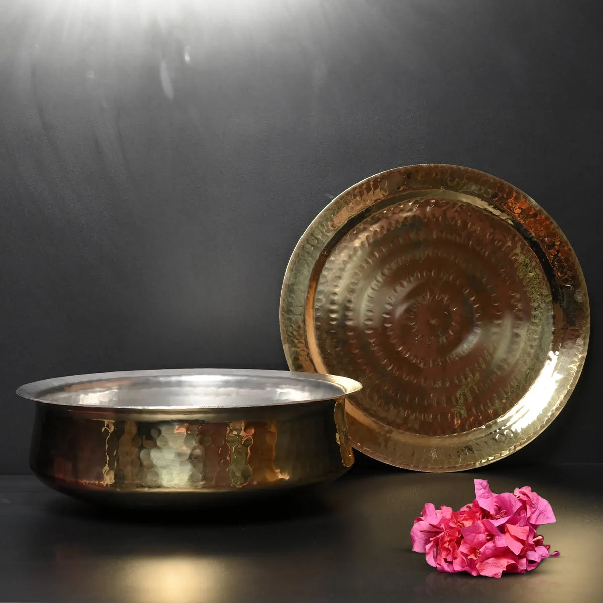 Brass Hammered Lagan For Cooking With Lid, Pital Lagan - The Yellow Metals